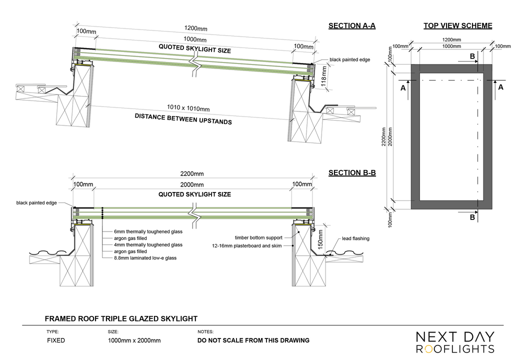 Framed Skylight 1000 x 2000 mm – Triple glazed – Next Day Rooflights